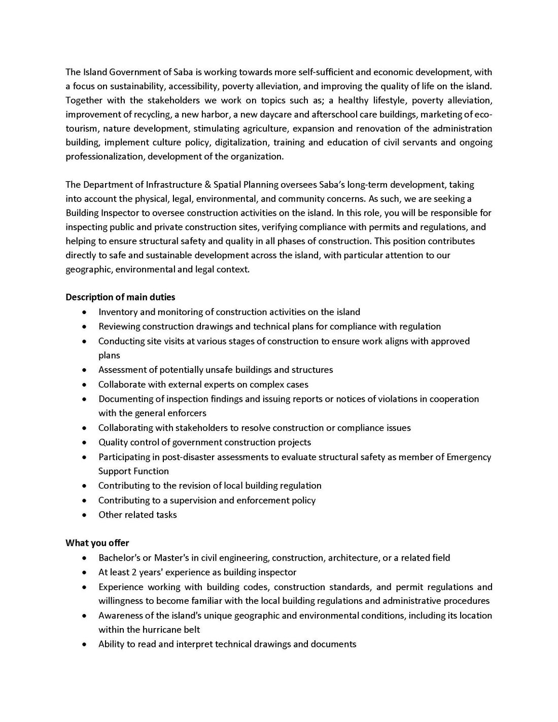 Building Inspector & Public Entity Saba